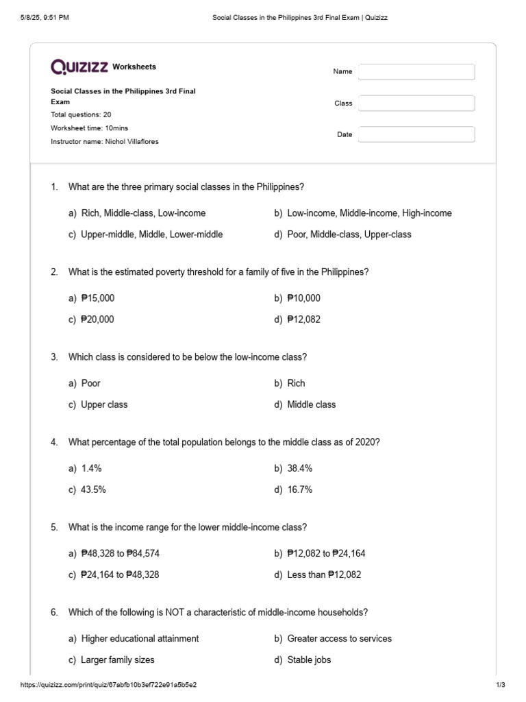 Social Classes in the Philippines Exam | PDF | Cost Of Living | Poverty