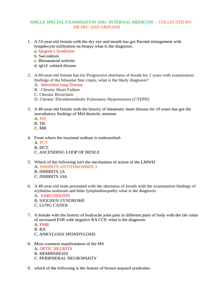 Nmcle Special Exam MCQ Only | PDF | Heart Failure | Cancer