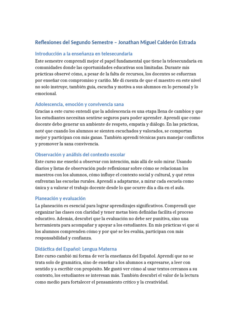 Reflexiones Segundo Semestre Jonathan Calderon | PDF | Enseñando | Maestros