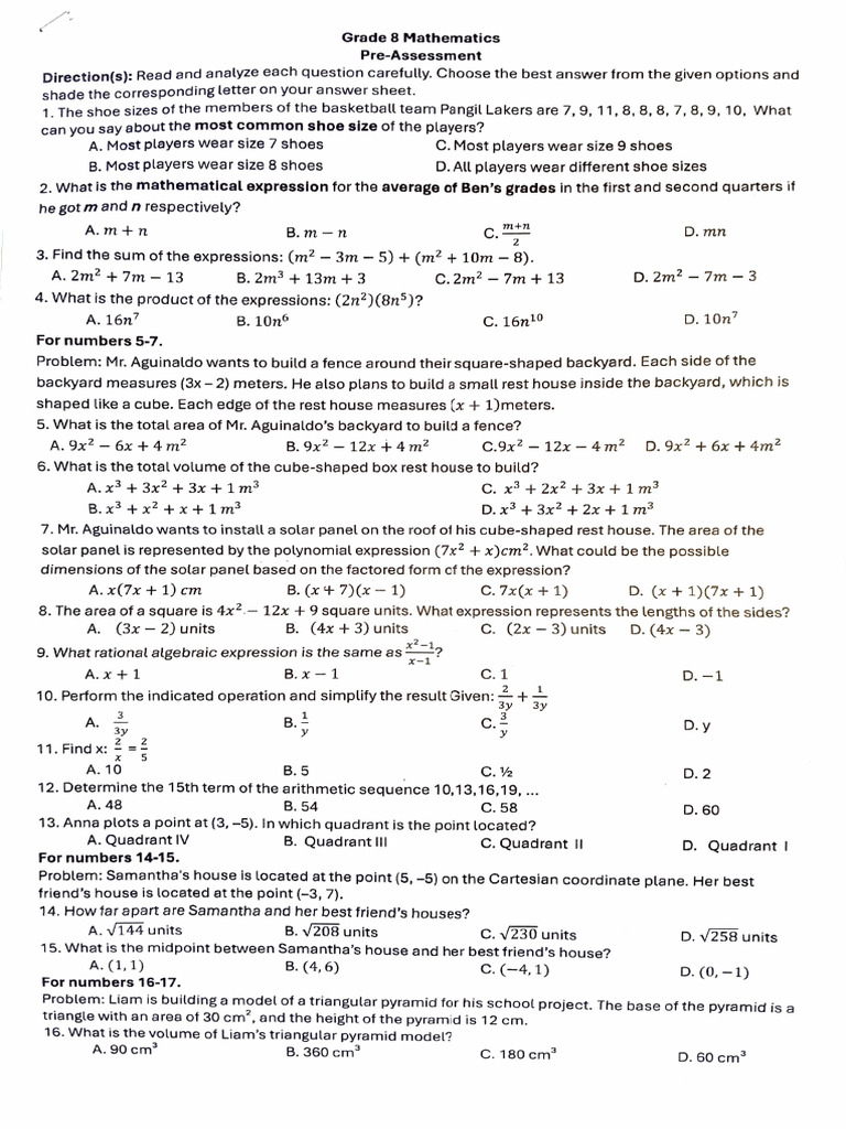 Grade 8 Pre Assessment | PDF | Cartesian Coordinate System | Mathematics