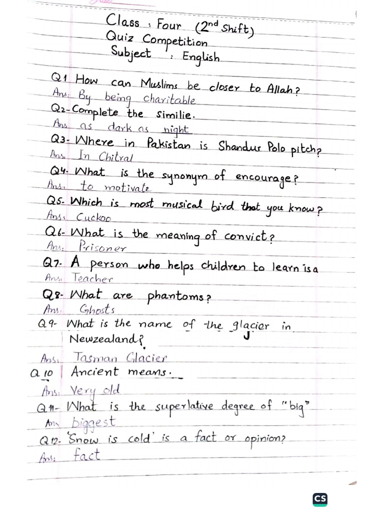 Class Four - Quiz Questions | PDF