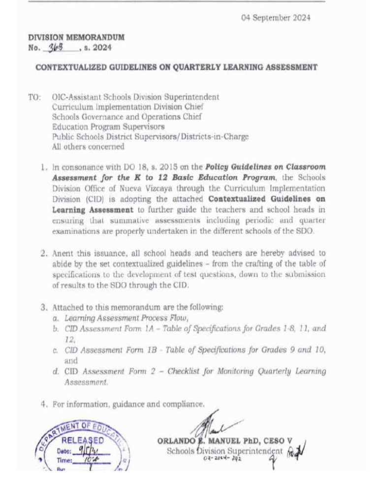 Slac Session On DM No. 363 S. 2024 Contextualized Guidelines On Quarterly Learning Assessment | PDF