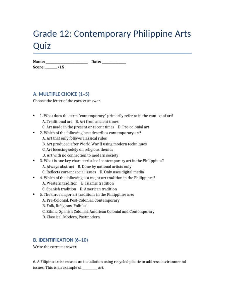 Grade 12 Contemporary Philippine Arts Quiz | PDF | Philippines | Traditions