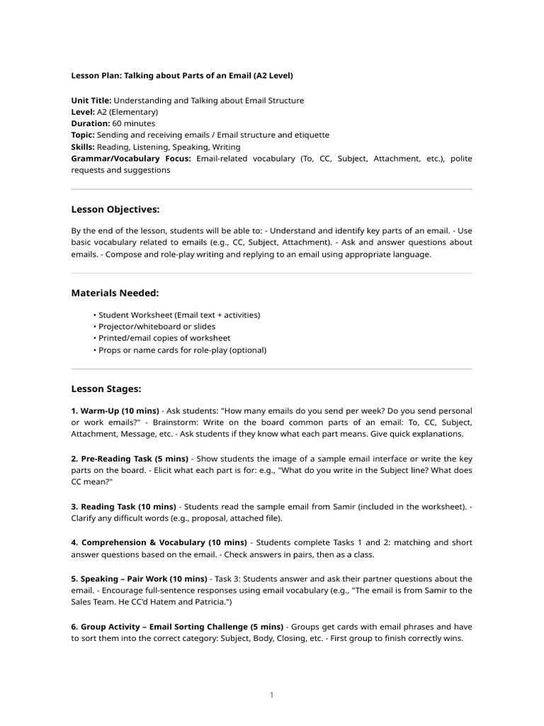 Lesson Plan - Emails 2 Sending and Receiving Emails (A2) | PDF ...