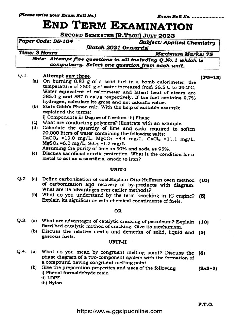 Btech 2 Sem Applied Chemistry Bs 104 Jul 2023 | PDF