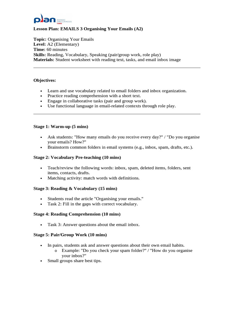 Lesson Plan EMAILS 3 Organising Your Emails (A2) | PDF
