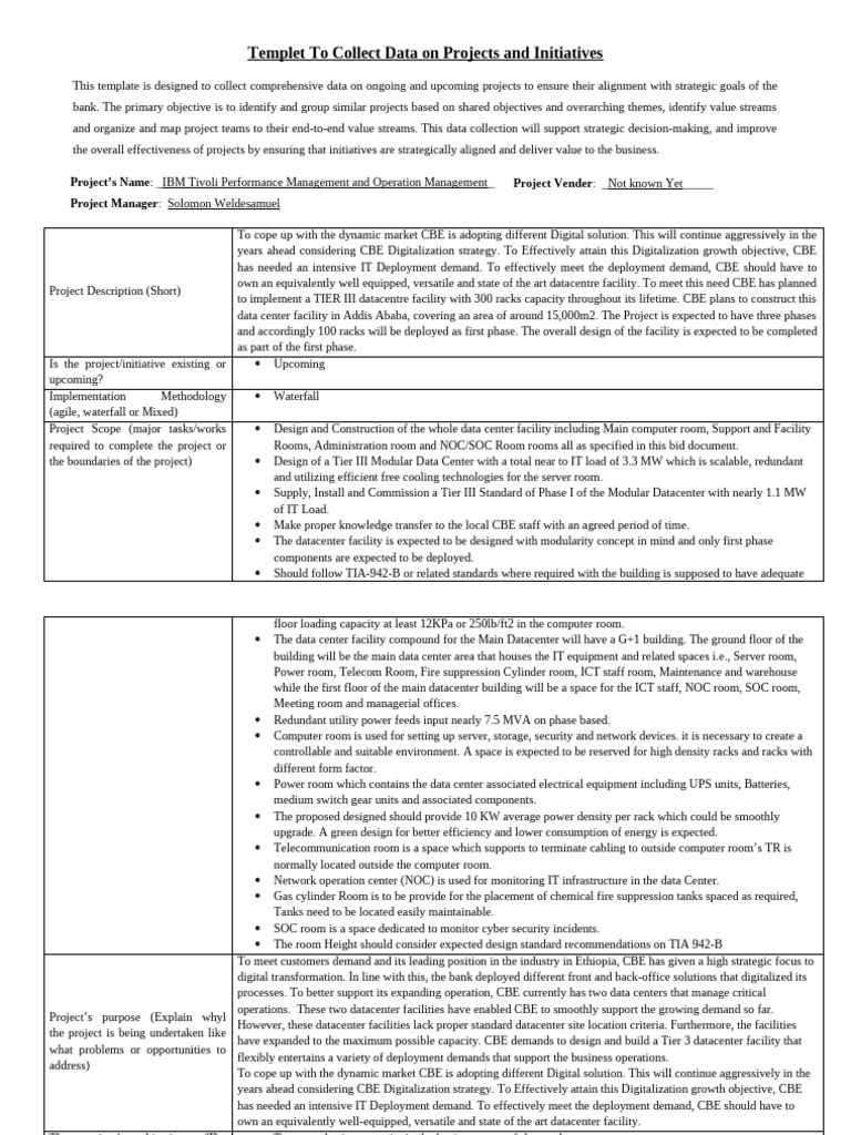 Data Gathering Template From Projects on CBE Main Datacenter (1) | PDF ...