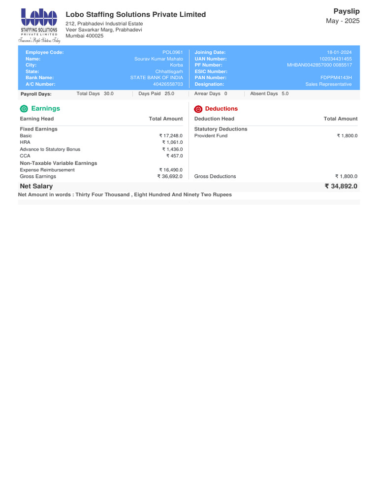 Sourav Kumar Mahato POL0961 May 2025 Employee Basic Payslip | PDF