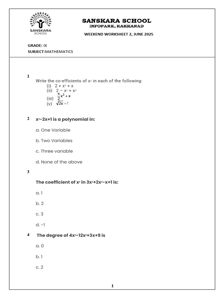Polynomial Coefficients and Degrees Worksheet | PDF