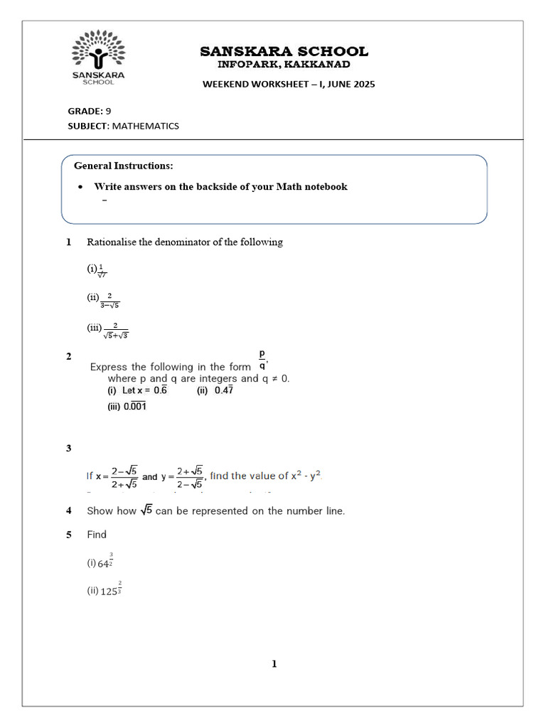Grade 9 Weekend Worksheet 1 | PDF