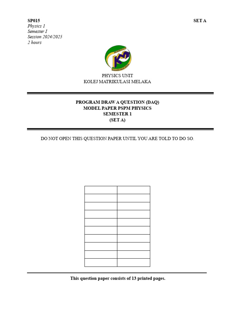 Question Set A SP015 2425 | PDF | Waves | Frequency