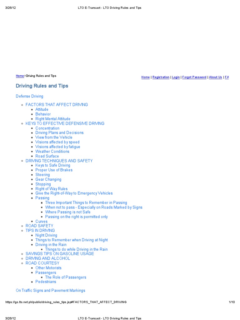 LTO E-Transact - LTO Driving Rules and Tips | PDF | Traffic | Driving