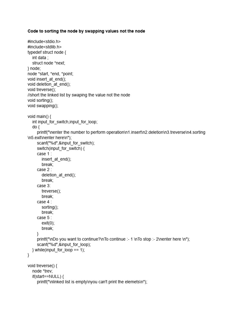 Code To Sorting The Node by Swapping Values Not The Node | PDF | C++ ...