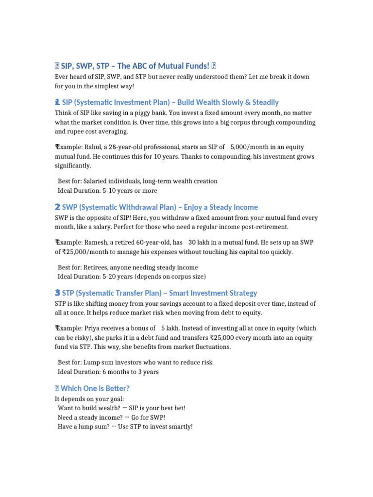 Sip SWP STP Mutual Funds | PDF