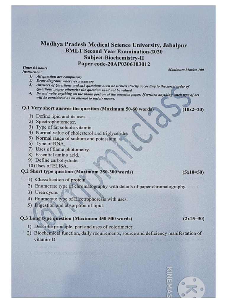 BMLT 2nd Year Biochemistry Que. Paper 2020 | PDF