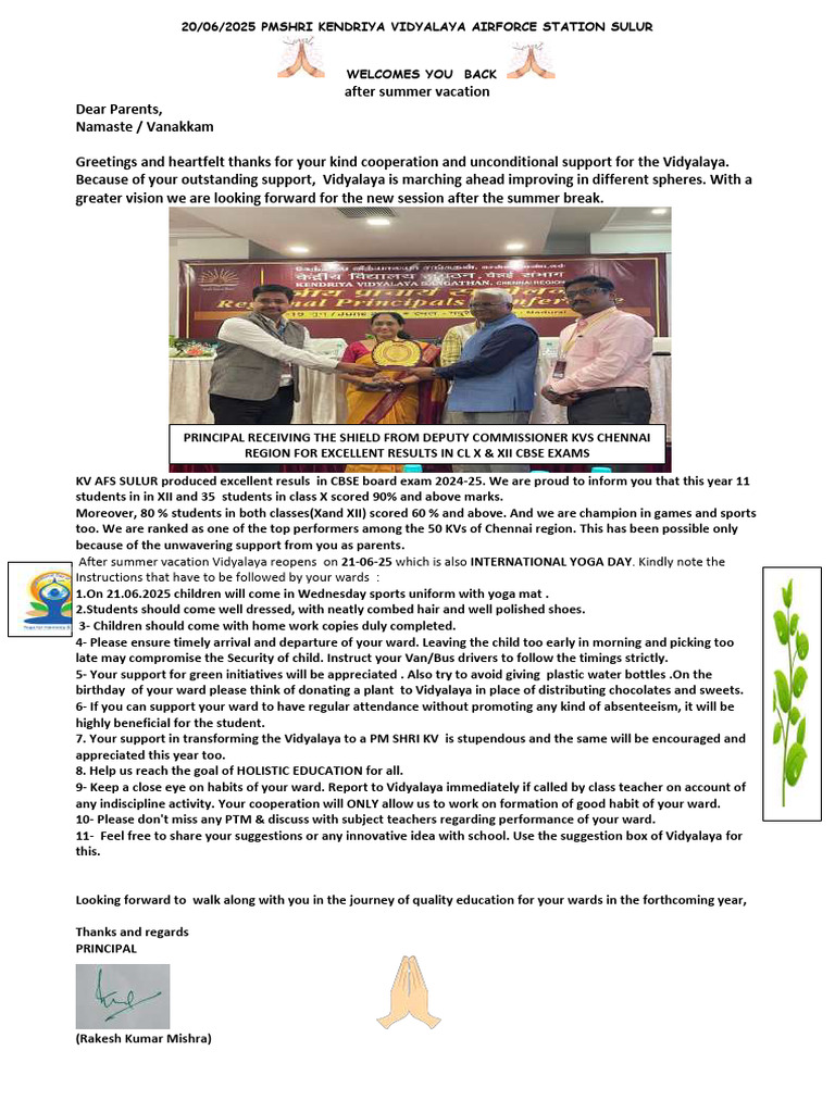 KV Sulur: Welcome Back & Updates | PDF | Schools