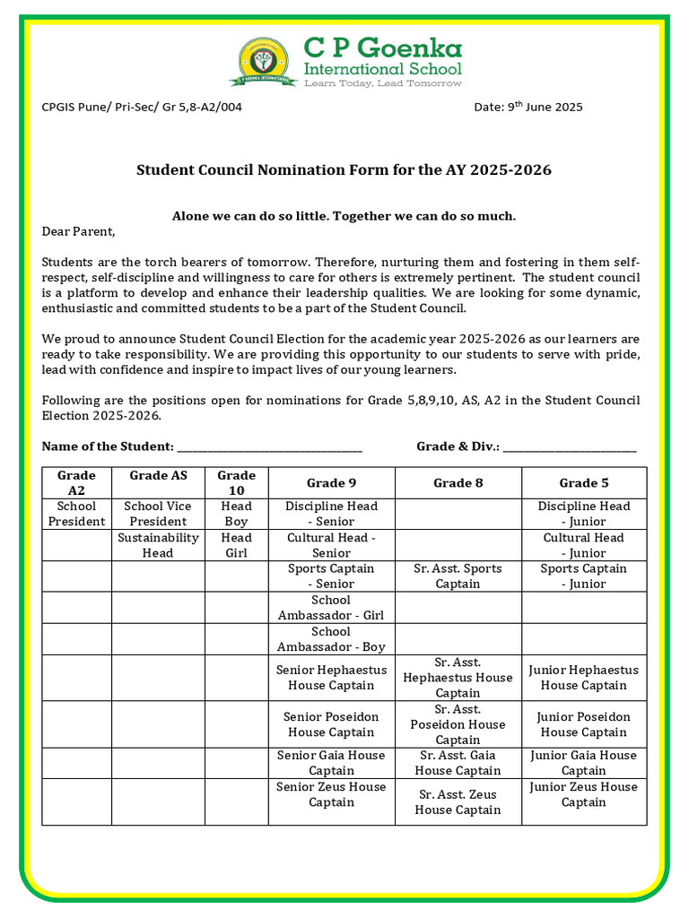 CPGIS Pune Student Council Nomination Form 2025-26 | PDF | Psychology ...