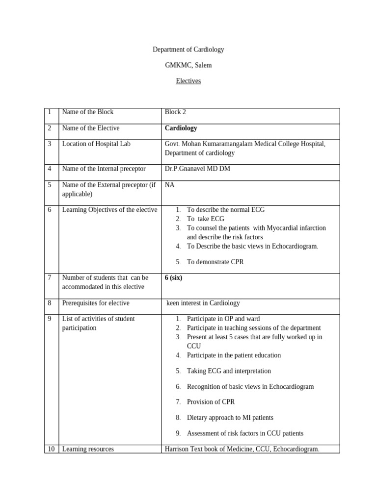 Electives Cardiology | PDF | Intensive Care Unit | Internal Medicine