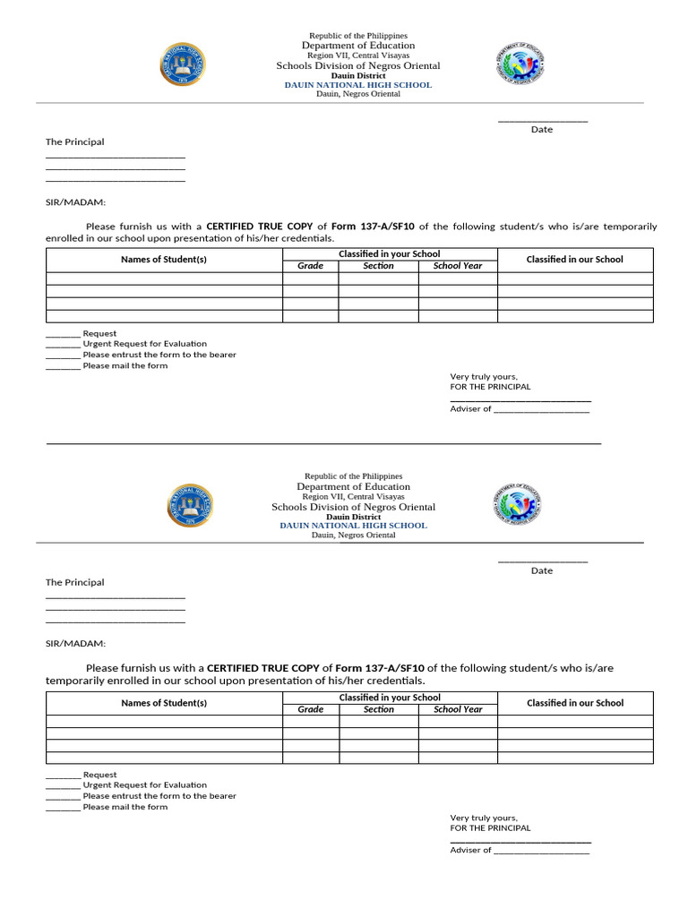 Request FORM 137 or SF10 | PDF | Philippines