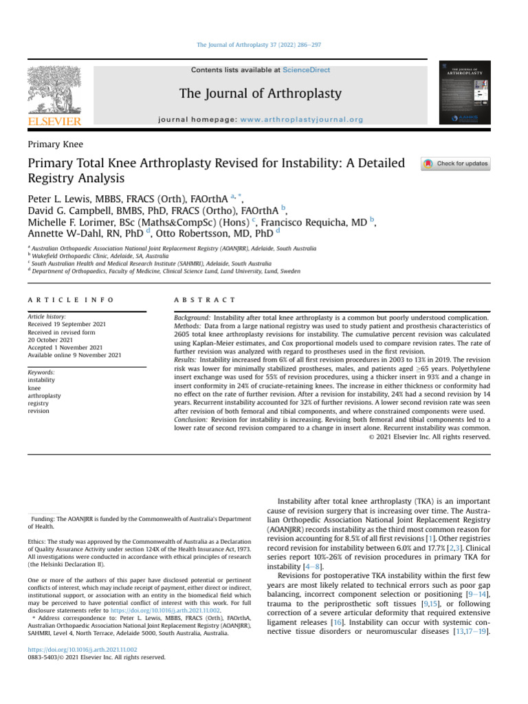 Primary Total Knee Arthroplasty Revised For Instab | PDF | Surgery ...