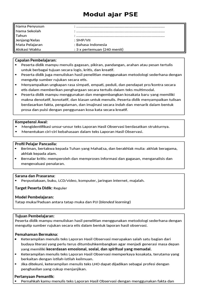 Modul Ajar PSE Bahasa Indonesia SMP | PDF