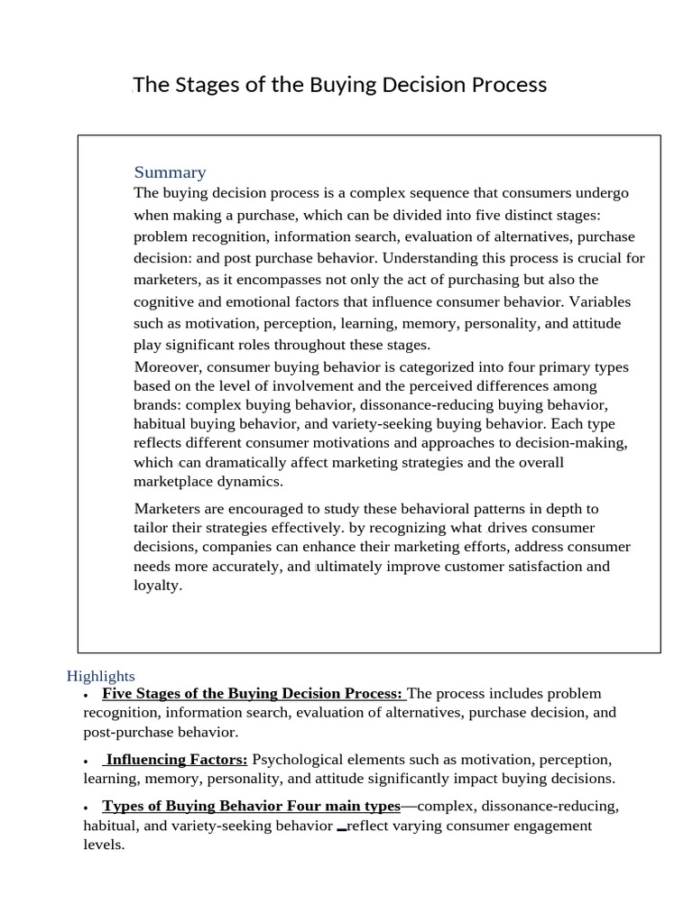 Summary - The Stages of The Buying Decision Process | PDF | Consumer Behaviour | Marketing