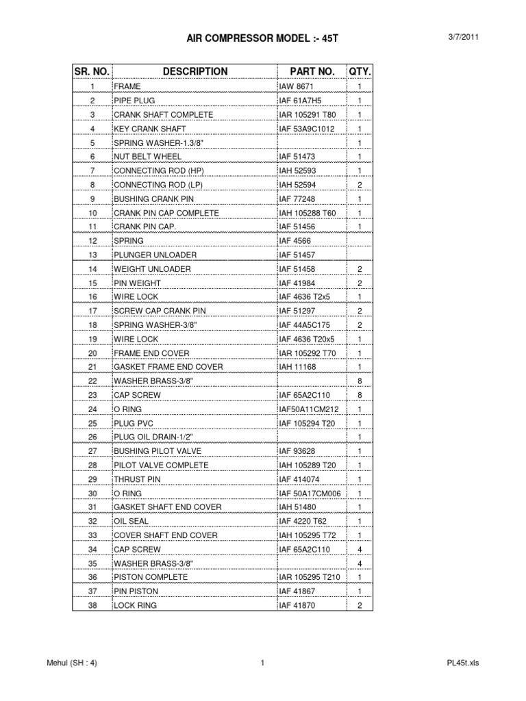 SIP 45T Compressor Parts List | PDF | Valve | Piston