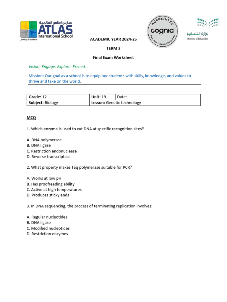 G12 T3 Bio Final Exam Worksheet | PDF | Dna | Molecular Cloning