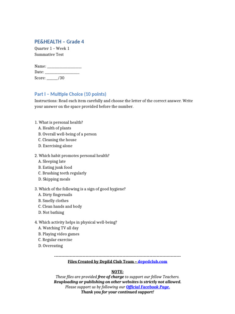 Grade 4 PE & Health Summative Test | PDF | Hygiene