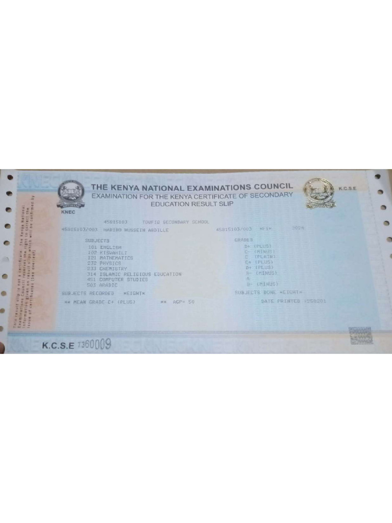 Habiba Hussein (KCSE Result Slip) | PDF
