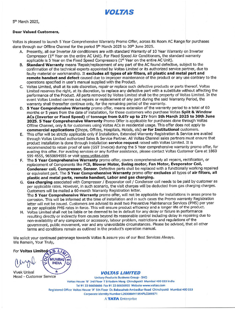 5 Year Comprehensive Warranty Promo Offer On Voltas Room ACs For The ...