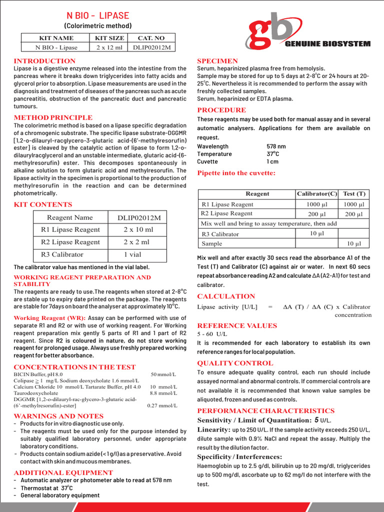 Lipase Assay Kit Overview | PDF | Pancreas | Ph