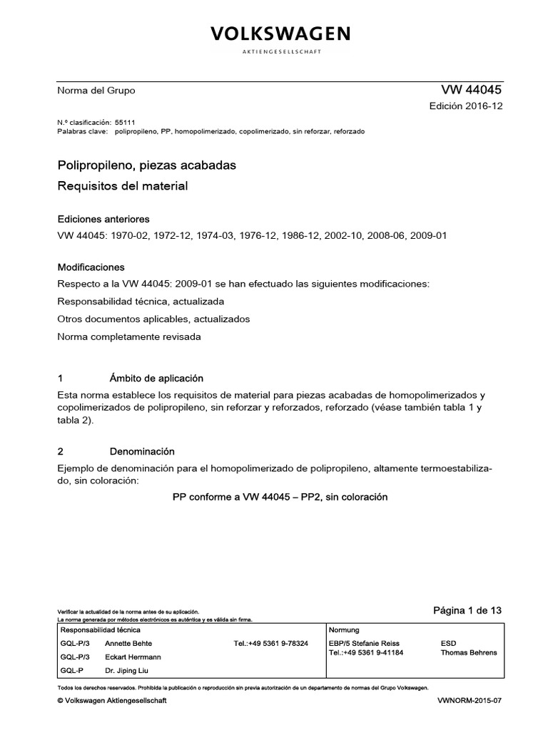 Requisitos de Polipropileno VW 44045 | PDF | Materiales | Sector ...