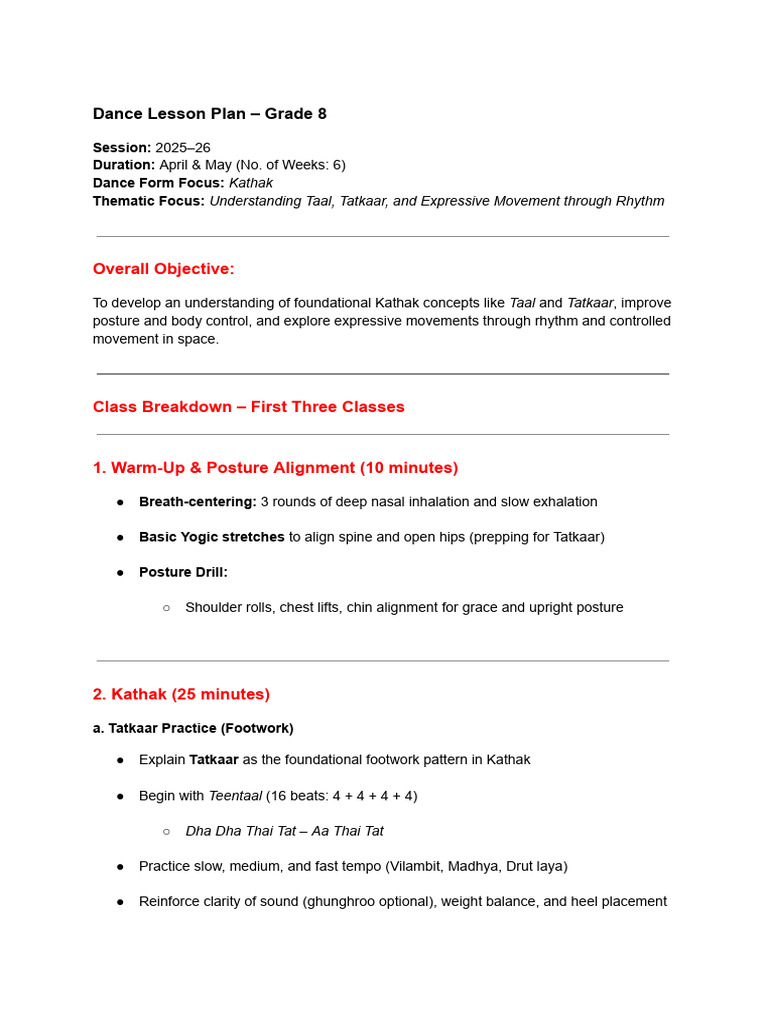 Grade 8 Kathak Dance Lesson Plan | PDF
