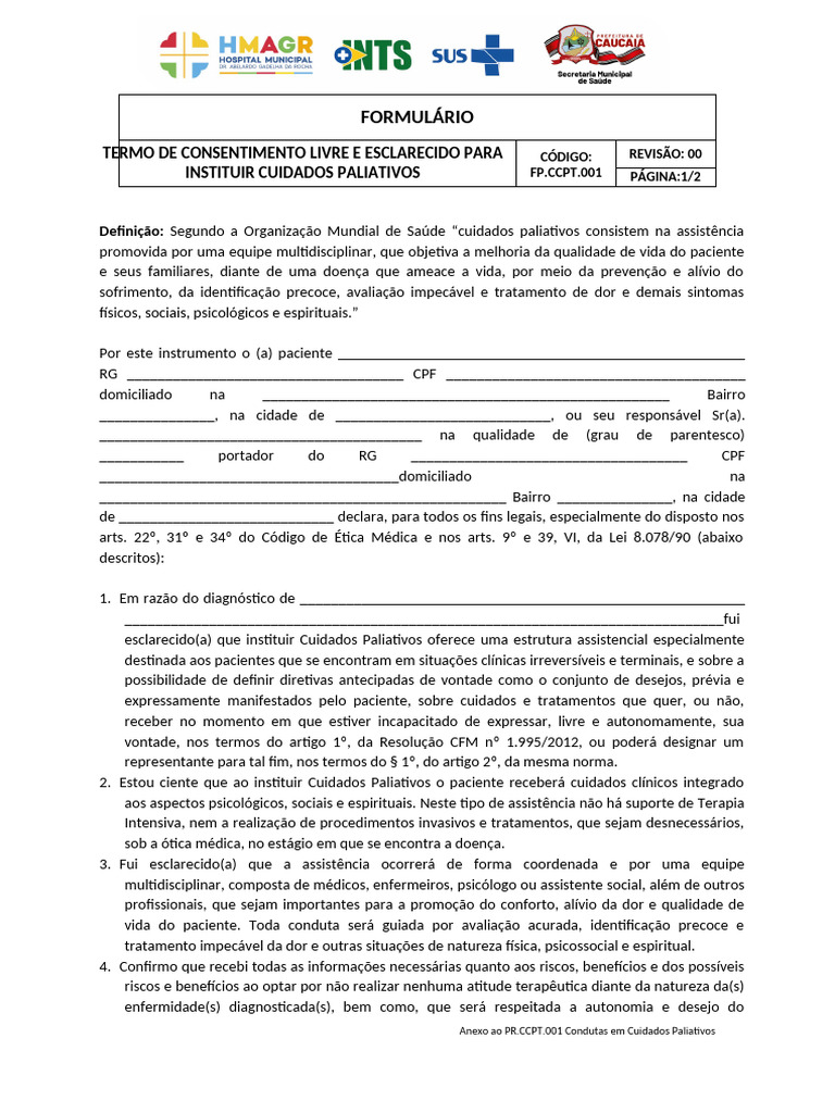 FP - CCPT - .001 00 Termo de Consentimento Livre e Esclarescido para Instituir Cuidados ...