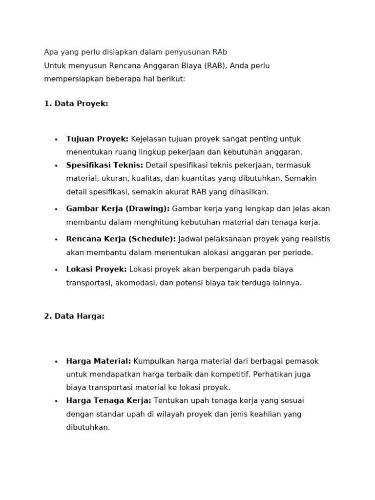 Apa yang perlu disiapkan dalam penyusunan RAb | PDF