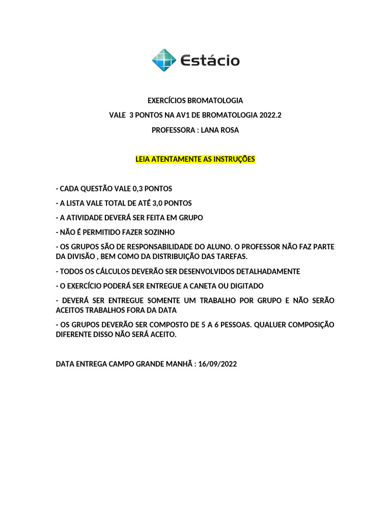 EXERC_CIOS_BROMATOLOGIA-_VALE_3_2022.2_-_CG_MANH_ | PDF