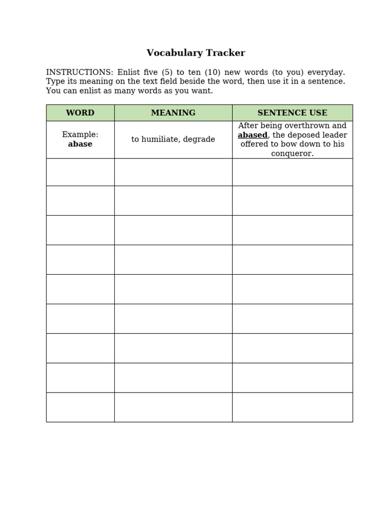 Vocabulary Tracker Template | PDF