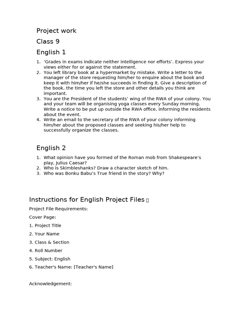 Class 9 English Project Guidelines | PDF