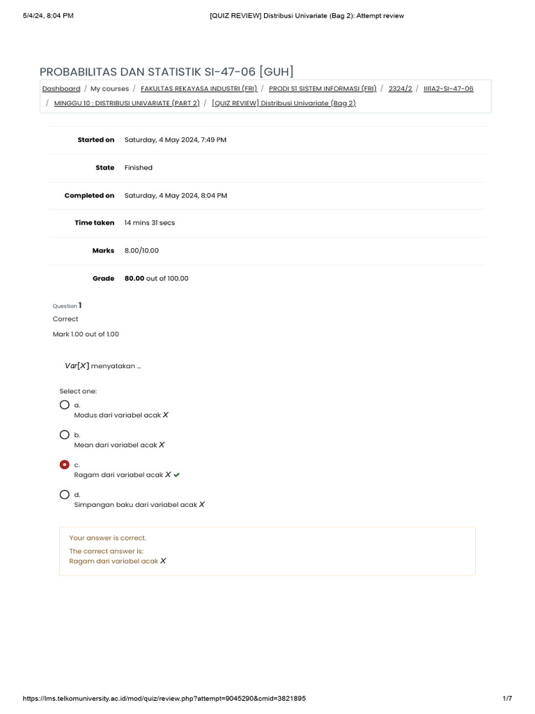 (QUIZ REVIEW PROBSTAT) Distribusi Univariate (Bag 2) - Attempt Review ...