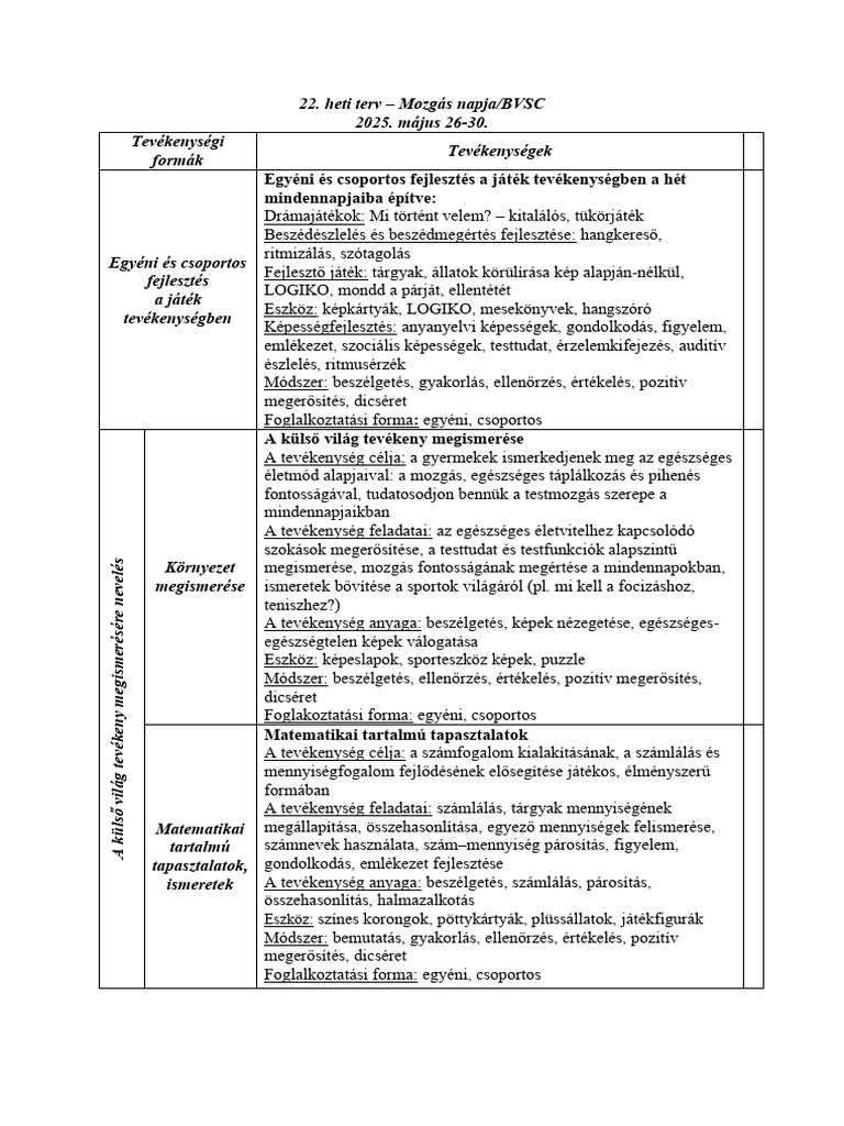 Heti Terv 22. Hét - Mozgás Hét | PDF