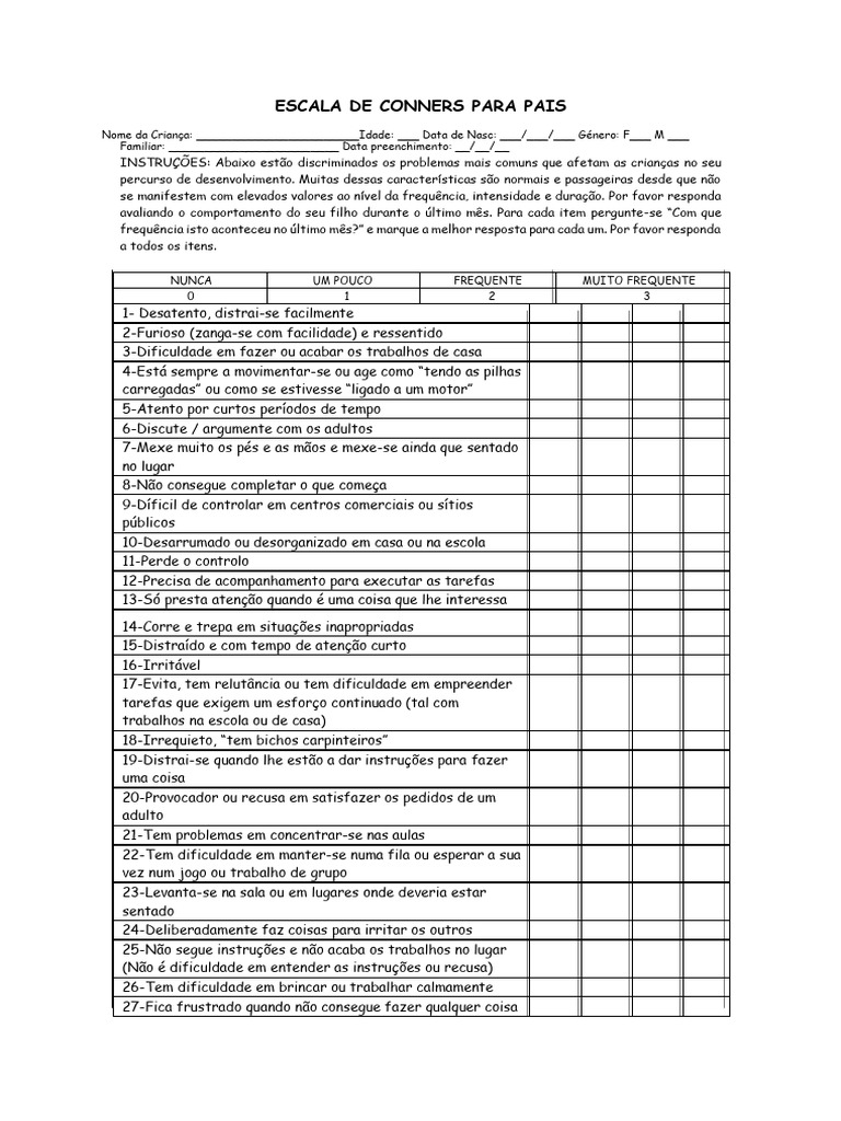 Escala de Conners para Pais: Avaliação Infantil | PDF