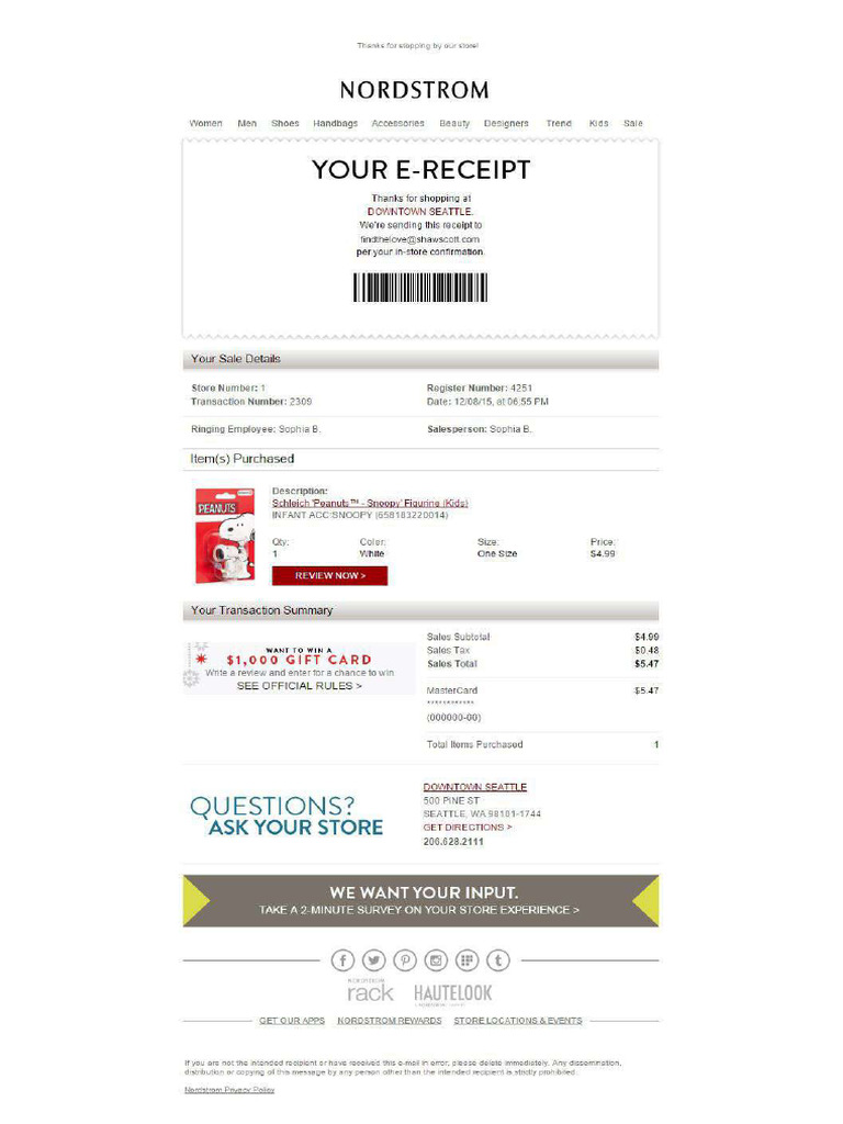Receipt From Nordstrom Downtown Seattle - There's | PDF