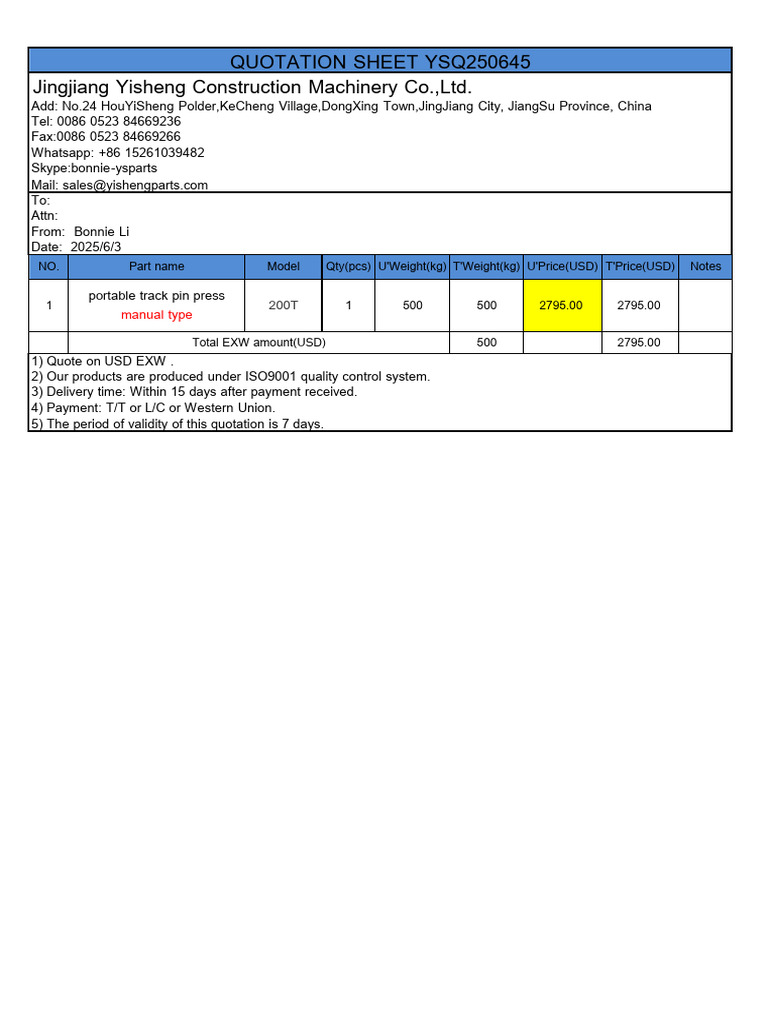 Quotation Sheet Ysq250645 (2025-06-02 18 - 30 - 47) | PDF