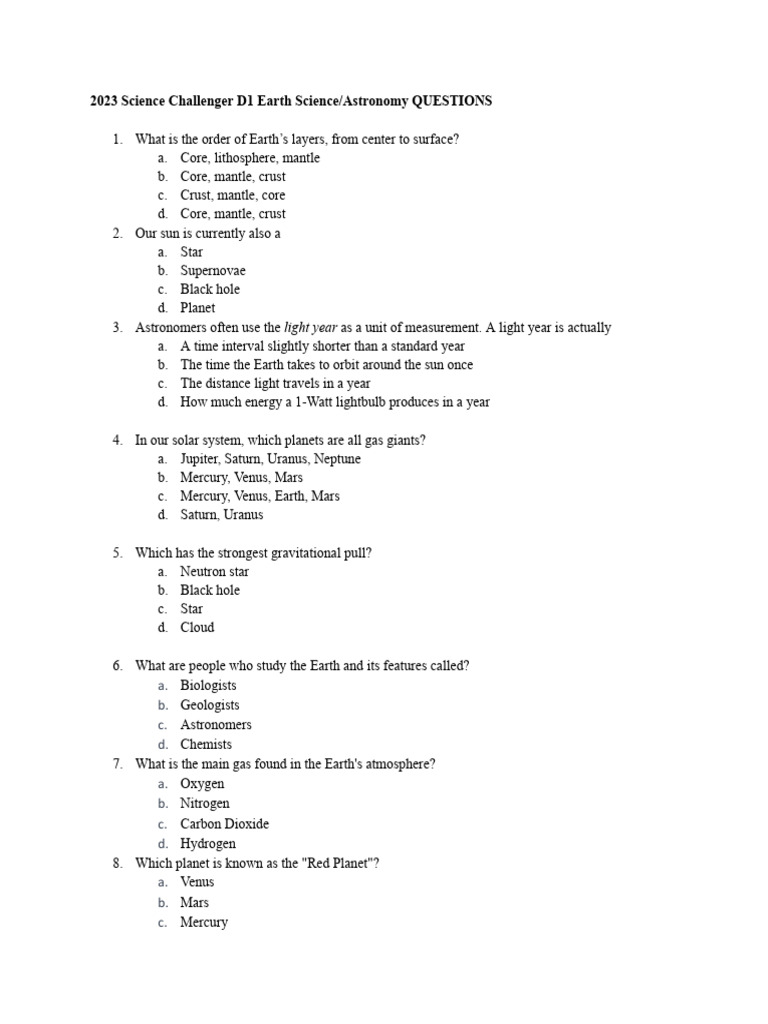 2023 Science Challenger d1 Earth Science Astronomy Questions | PDF ...