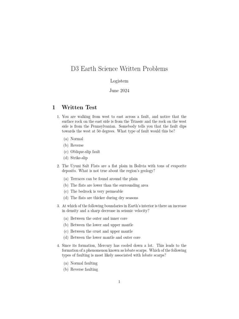 D3 Earth Science Problem Set | PDF | Fault (Geology) | Cloud