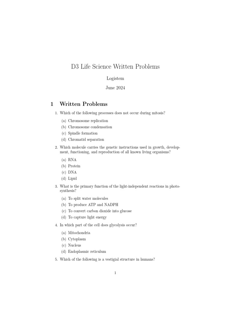 2024 d3 Life Science Written Problems | PDF | Cell (Biology) | Meiosis