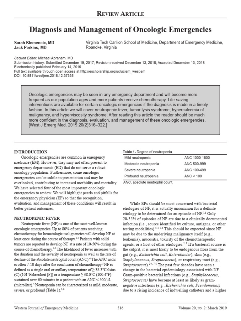 Diagnosis and Management of Oncologic Emergencies | PDF | Diseases And ...