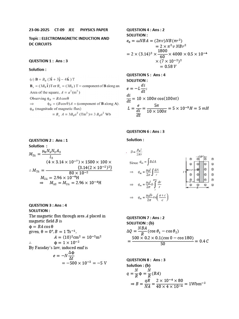 Solutions 23-06-2025 CT-09 JEE PHYSICS PAPER ELECTROMAGNETIC INDUCTION ...
