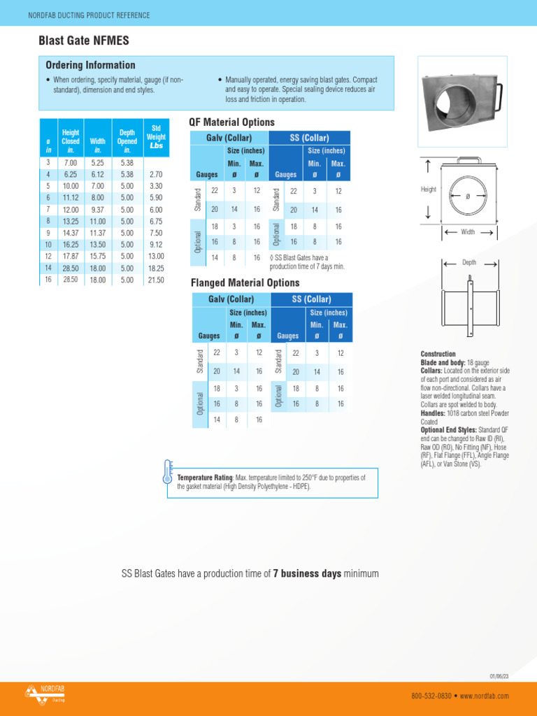 Nordfab Blast Gate Specifications | PDF | Mechanical Engineering ...